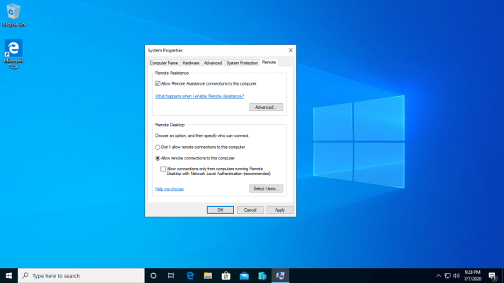 Disabling NLA by using the options on the Remote tab of the System ...